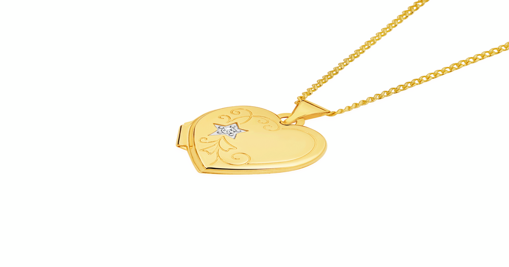 9ct 15mm Diamond Star Filigree Engraved Heart Locket | Angus & Coote