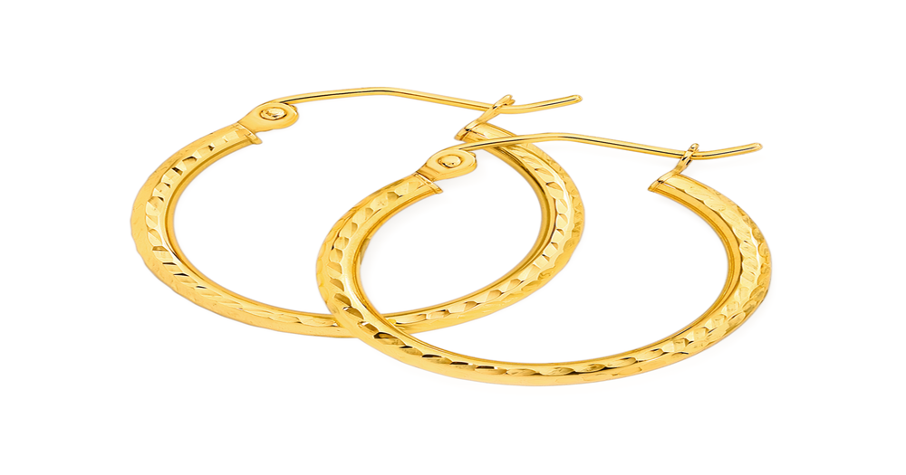 9ct Gold 15mm Diamond-cut Hoop Earrings | Angus & Coote