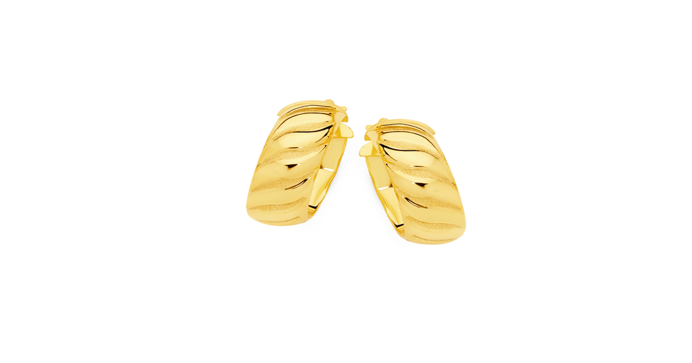 9ct Gold 15mm Polished & Satin Swirl Patt Half Round Hoops | Angus & Coote