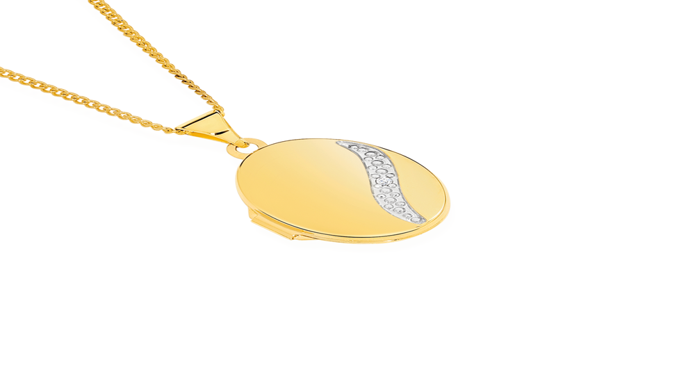 9ct Gold 17mm Diamond-set Swirl Oval Locket | Angus & Coote