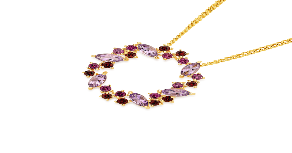 9ct Gold Amethyst, Garnet & Rhodolite Garnet Wreath Slider Pendant in ...