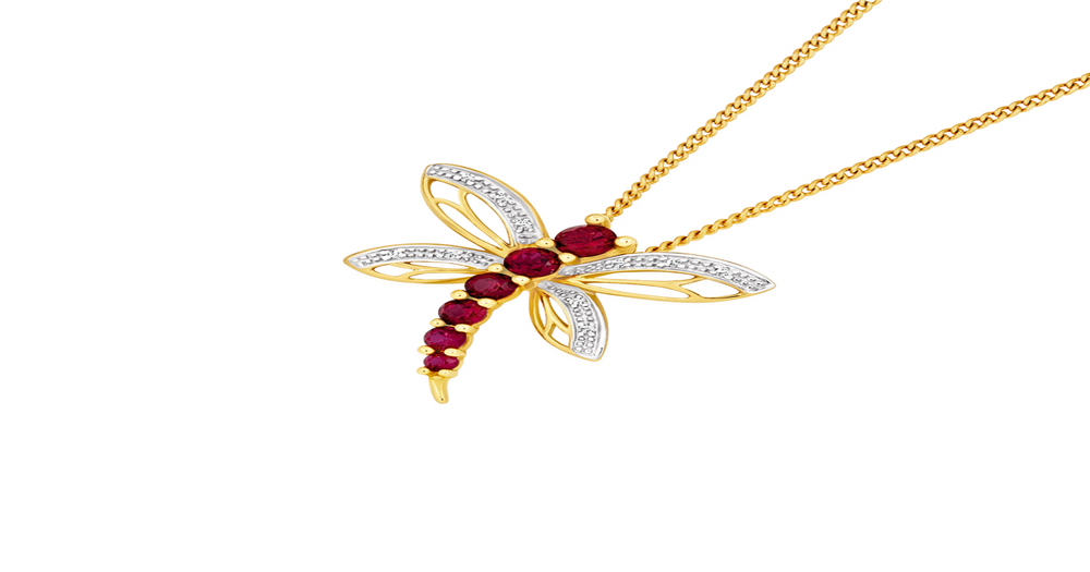 9ct Gold Created Ruby & Diamond Dragonfly Pendant in Red | Angus & Coote