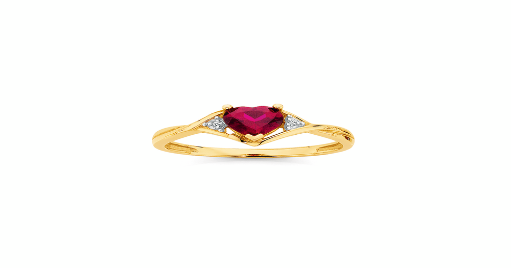 9ct Gold Created Ruby & Diamond Heart Ring in Red | Angus & Coote