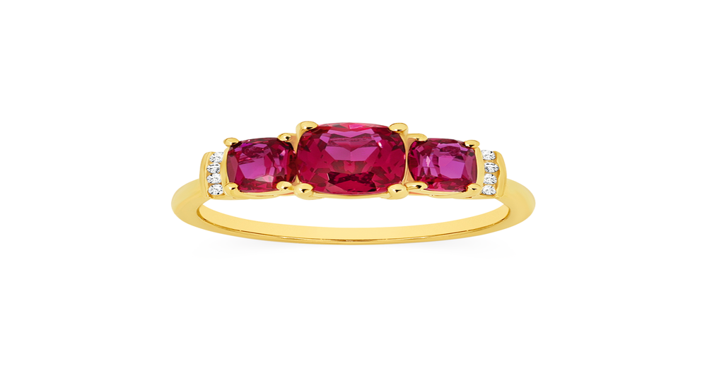 9ct Gold Created Ruby & Diamond Trilogy Ring in Red | Angus & Coote