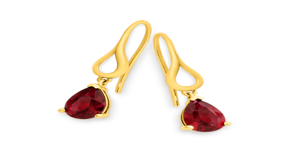 9ct Gold Created Ruby Hook Earrings in Red | Angus & Coote