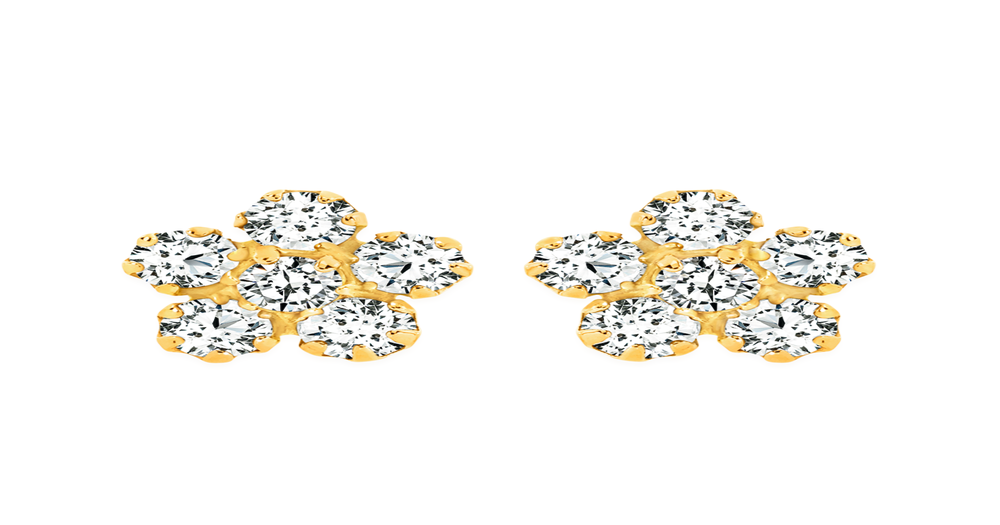 9ct Gold Cubic Zirconia Flower Stud Earrings in Clear | Angus & Coote