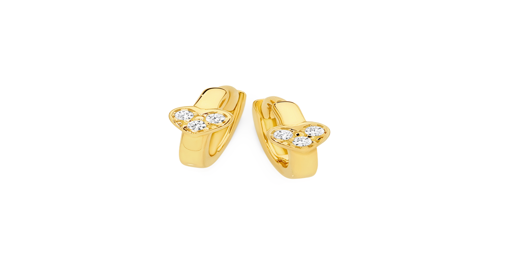 9ct Gold Cz Pave Heart Huggie Earrings in Clear | Angus & Coote