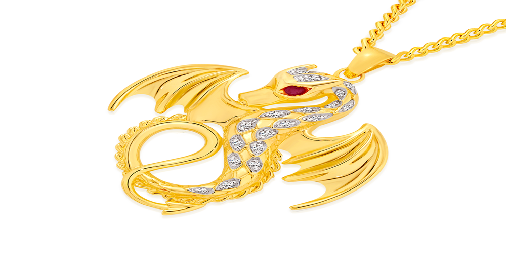 9ct Gold Diamond & Natural Ruby Dragon Pendant in Red | Angus & Coote