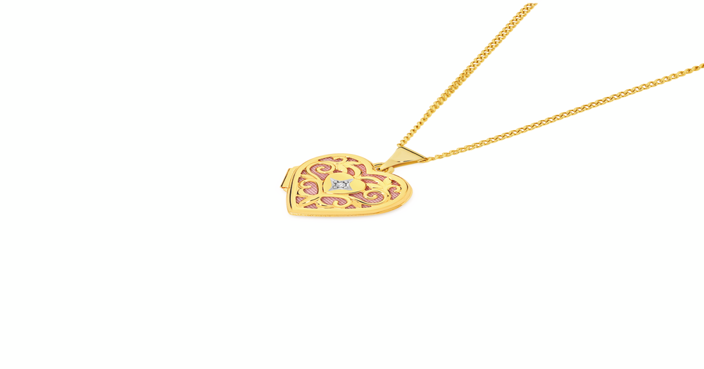 9ct Gold Diamond-set Open Filigree Heart Locket With Pink Insert ...