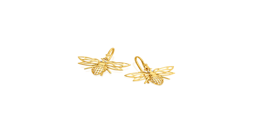 9ct Gold Filigree Bee Hook Drop Earrings | Angus & Coote