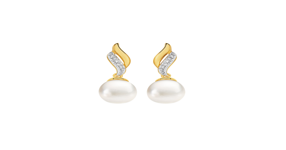 9ct Gold Freshwater Pearl & Diamond Drop Stud Earrings | Angus & Coote
