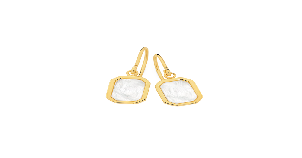 9ct Gold Mother Of Pearl Rectangle Hook Drop Earrings in White | Angus ...