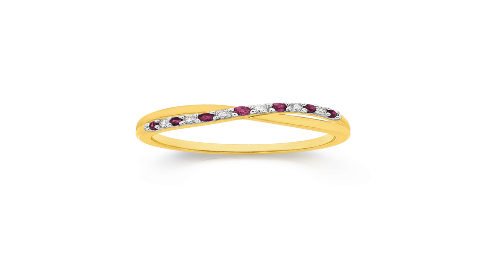 9ct Gold Natural Ruby & .10ct Diamond Crossover Ring in Red | Angus & Coote