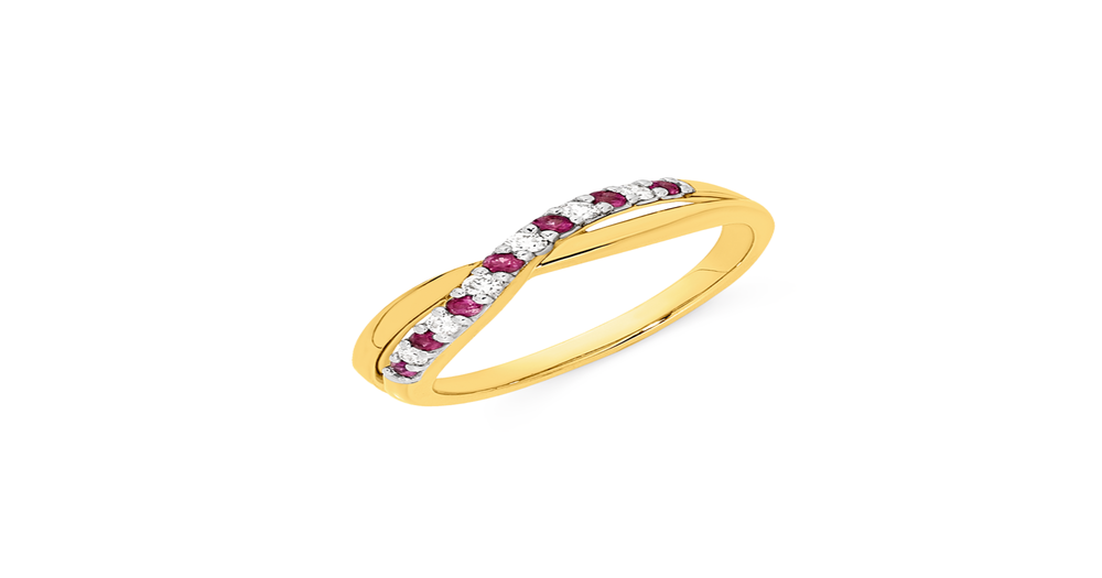 9ct Gold Natural Ruby & .10ct Diamond Crossover Ring in Red | Angus & Coote