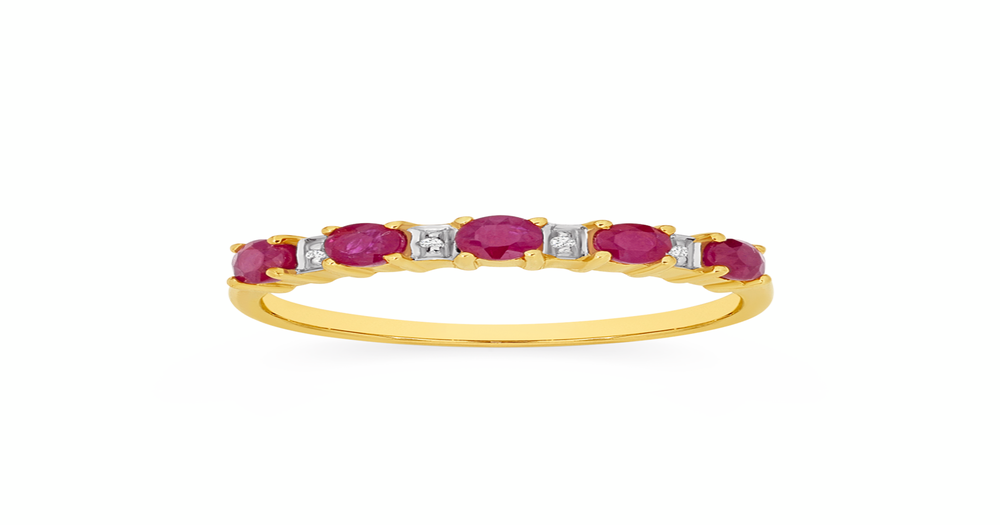 9ct Gold Natural Ruby & Diamond Claw Set Band in Red | Angus & Coote
