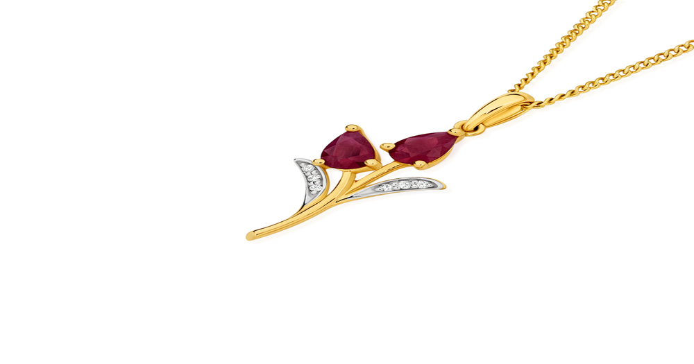 9ct Gold Natural Ruby & Diamond Pendant in Red | Angus & Coote
