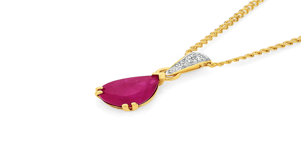 9ct Gold Natural Ruby & Diamond Pendant in Red | Angus & Coote