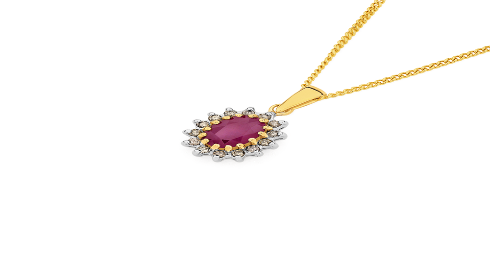 9ct Gold Natural Ruby & Diamond Pendant in Red | Angus & Coote