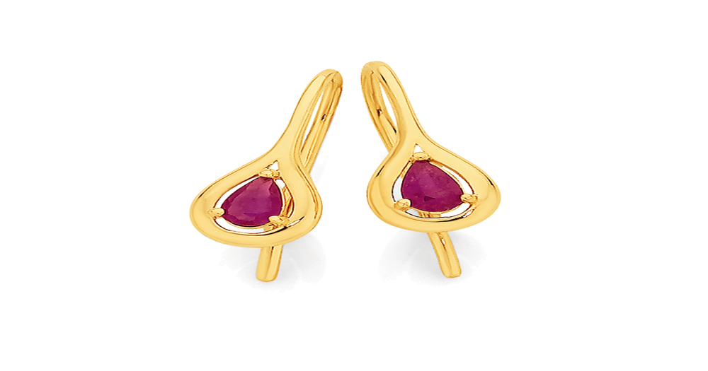 9ct Gold Natural Ruby Drop Earrings in Red | Angus & Coote