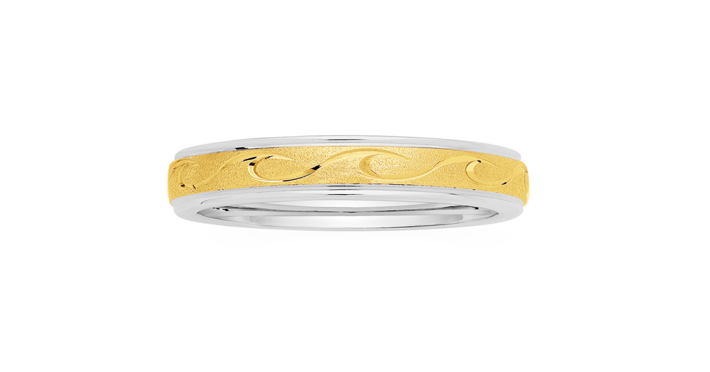 9ct Gold & Silver 8.5mm Satin Wave Centre Gents Ring | Angus & Coote