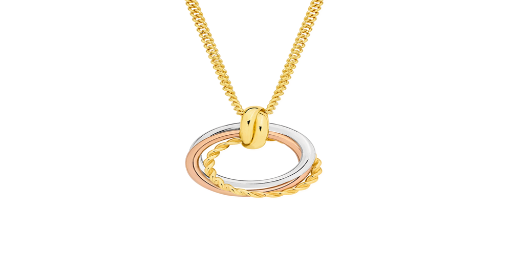 9ct Gold Tri Tone Twist & Polish Triple Rings Pendant | Angus & Coote