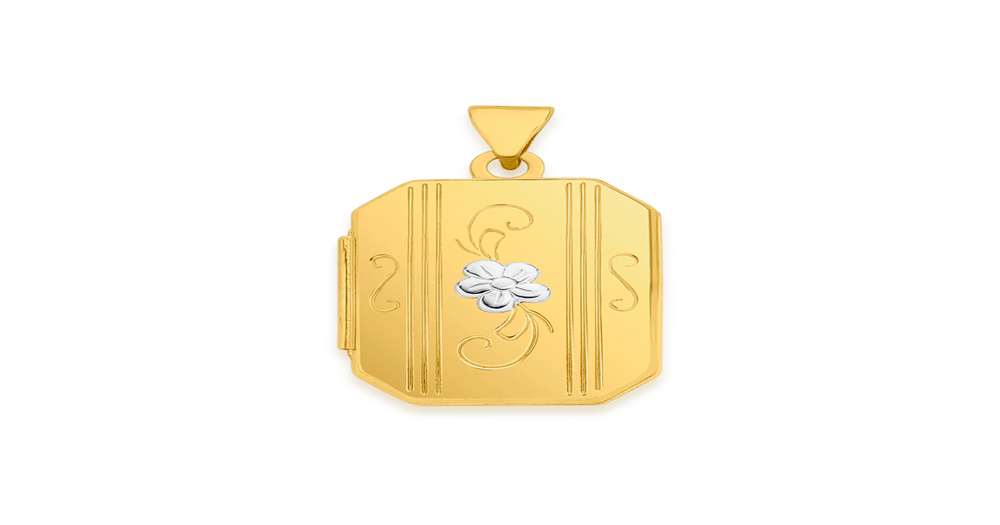 9ct Gold Two Tone 15mm Flower And Lined Rectangular Locket | Angus & Coote
