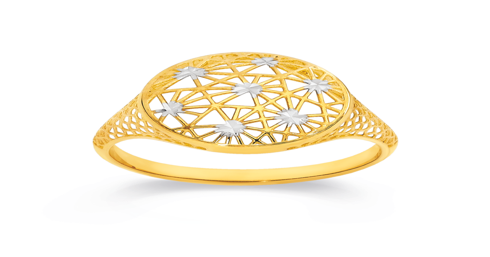 9ct Gold Two Tone Diamond-cut Lattice Round Dome Ring. | Angus & Coote