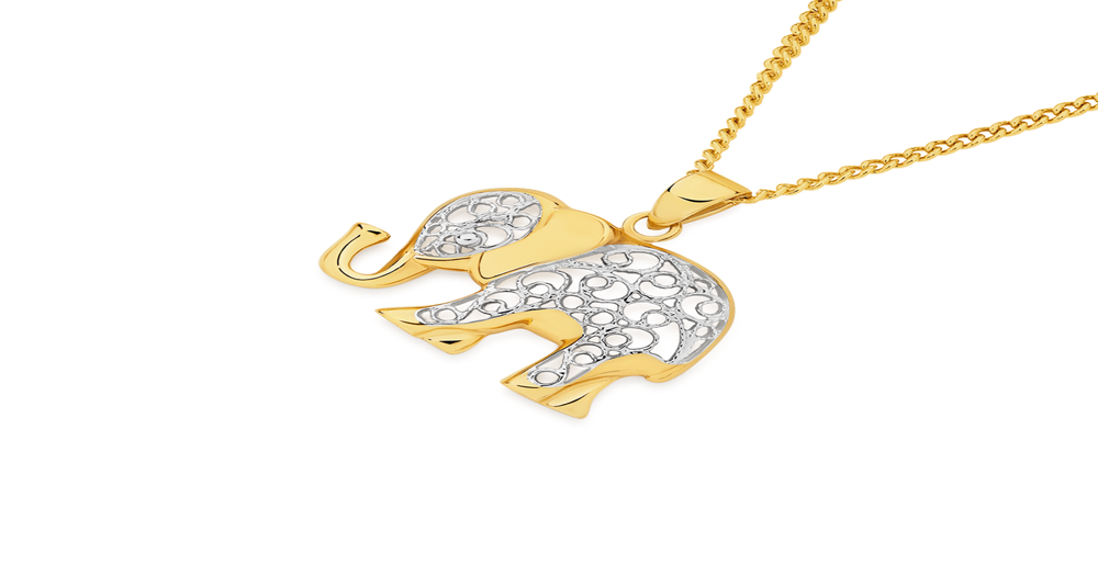 9ct Gold Two Tone Filigree Elephant Pendant | Angus & Coote