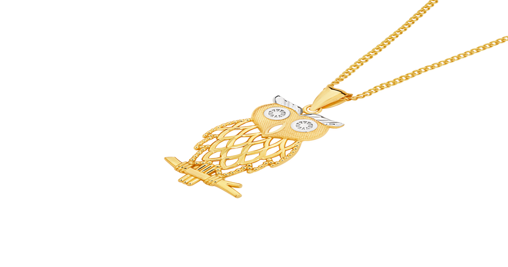 9ct Gold Two Tone Owl Pendant | Angus & Coote