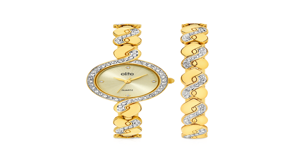 Elite Ladies Crystal Lattice Duo Watch in Gold | Angus & Coote