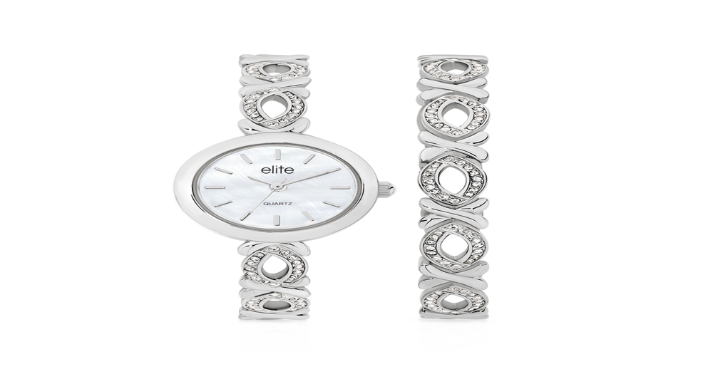 Elite Ladies Crystal Watch & Bracelet Set in Silver | Angus & Coote