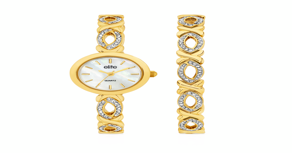 Elite Ladies Crystal Watch & Bracelet Set in Gold | Angus & Coote