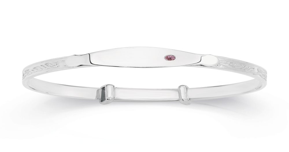 Silver 40mm Pink Cz Id Engraved Expander Bangle | Angus & Coote