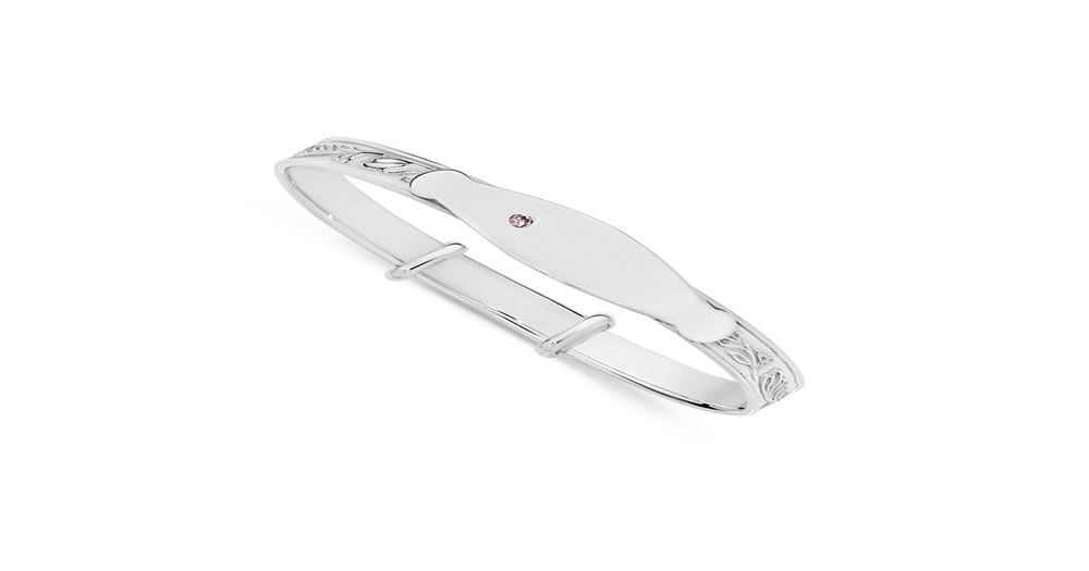 Silver 40mm Pink Cz Id Engraved Expander Bangle | Angus & Coote