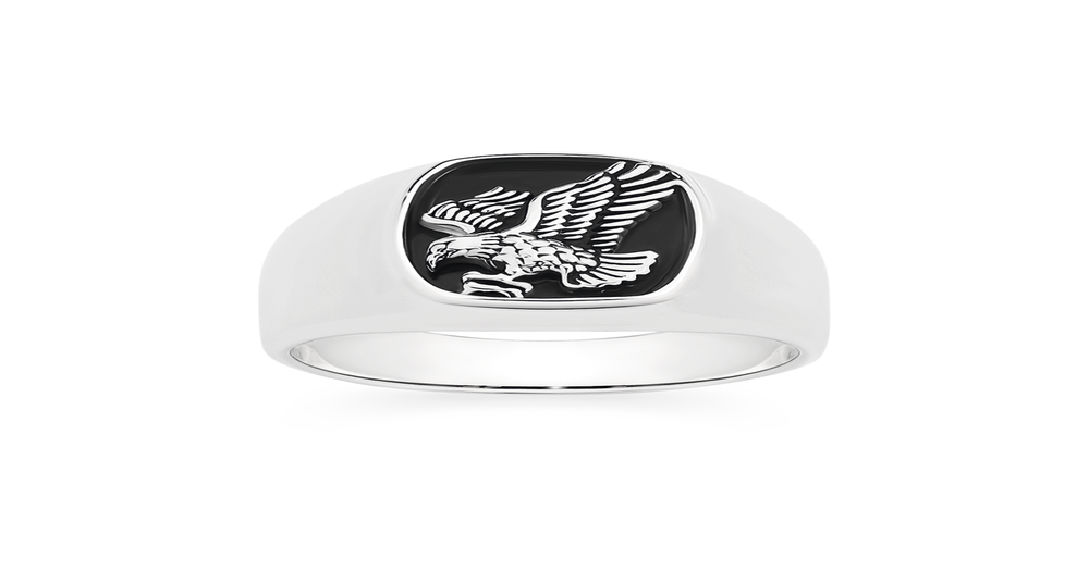 Silver Black Agate Eagle Men's Signet Ring in Black | Angus & Coote