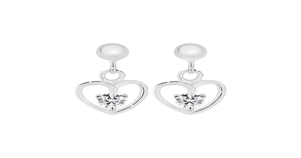 Silver Childs White Cubic Zirconia Heart Drop Earrings in Clear | Angus ...