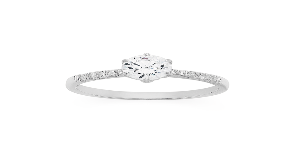 Silver Cubic Zirconia Solitaire Claw Set Band Ring in White | Angus & Coote