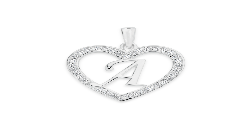 Silver Initial A In Cubic Zirconia Heart Pendant in Clear | Angus & Coote