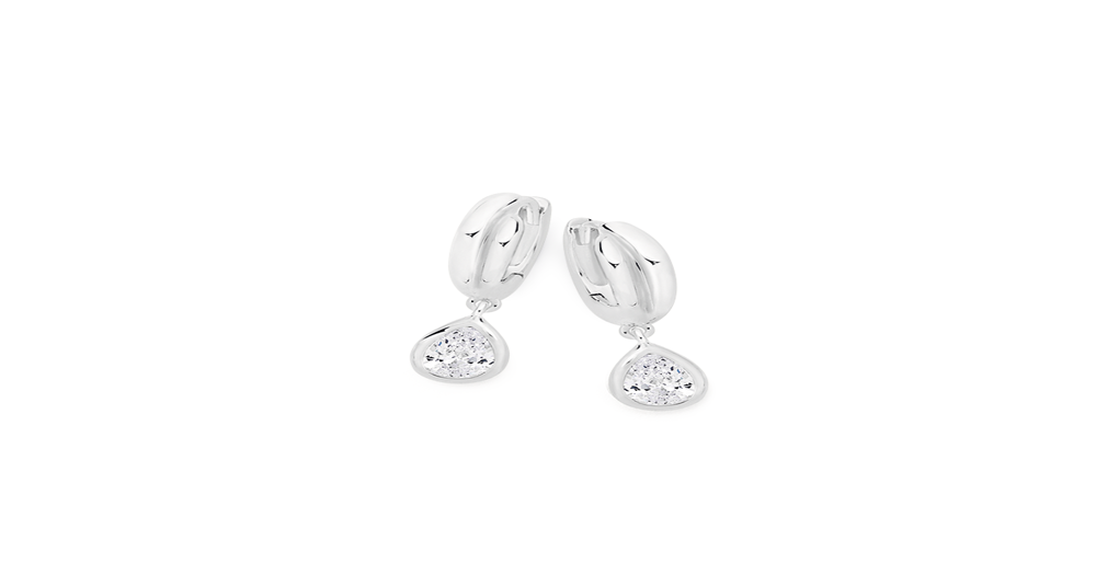 Silver Pear Cz Drop On Ridged Huggies in Clear | Angus & Coote