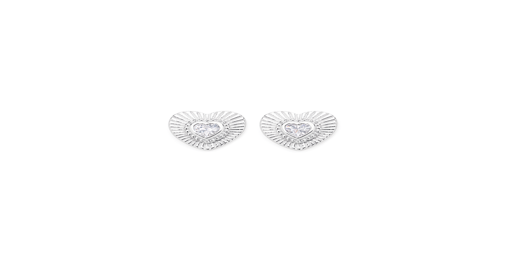 Silver Sunray Heart Studs With Cz in Clear | Angus & Coote
