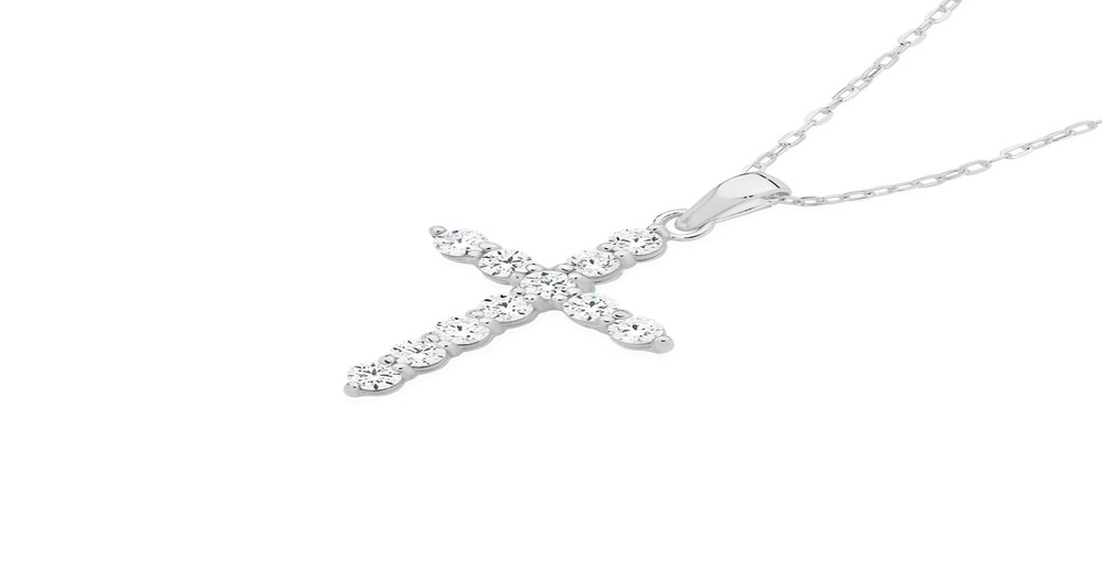 Sterling Silver Cz Cross Pendant in Clear | Angus & Coote