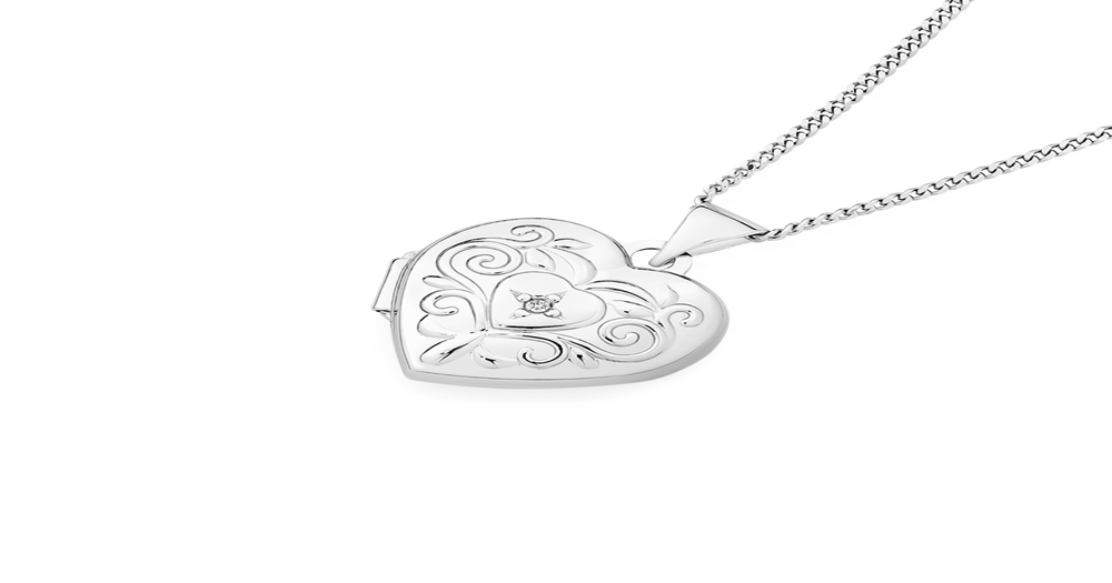 Sterling Silver Cz Fancy Scroll Heart Locket in Clear | Angus & Coote