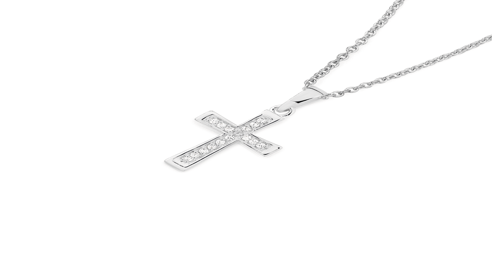 Sterling Silver Cz Flared Cross Pendant in Clear | Angus & Coote