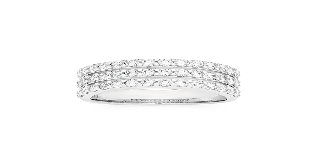 Sterling Silver Cz Three-row Eternity Ring Size O in Clear | Angus & Coote