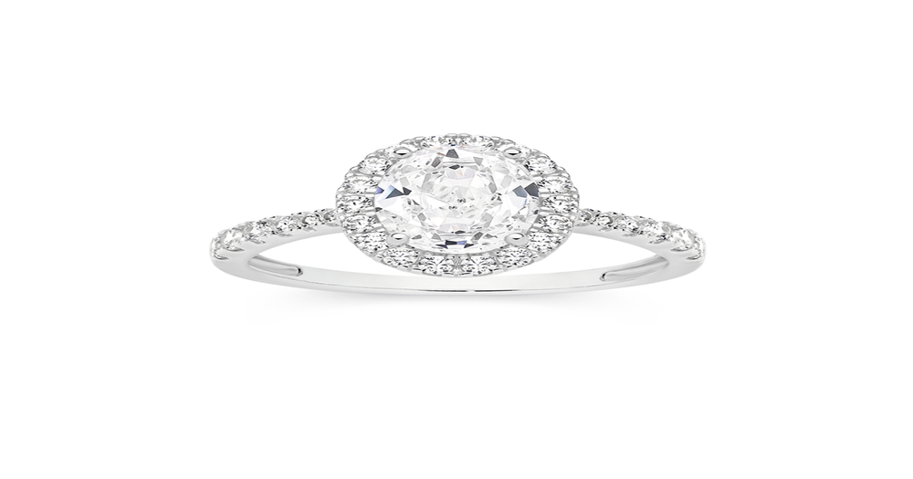 Sterling Silver Oval Cz Halo Ring Size Q in Clear | Angus & Coote
